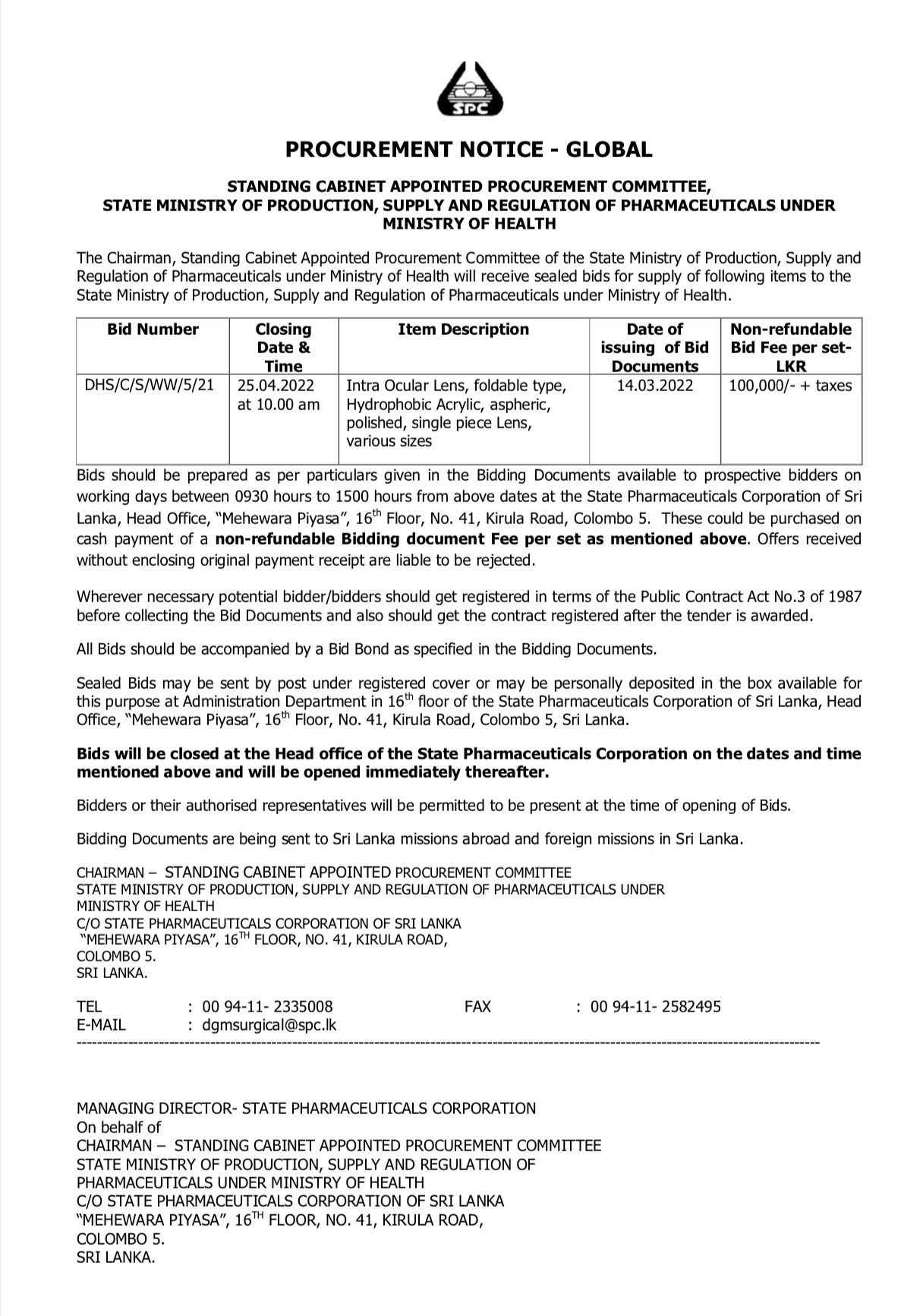 SPC Procurement Notice DHS/C/S/WW/5/21 [Closing Date 25.04.2022 ...