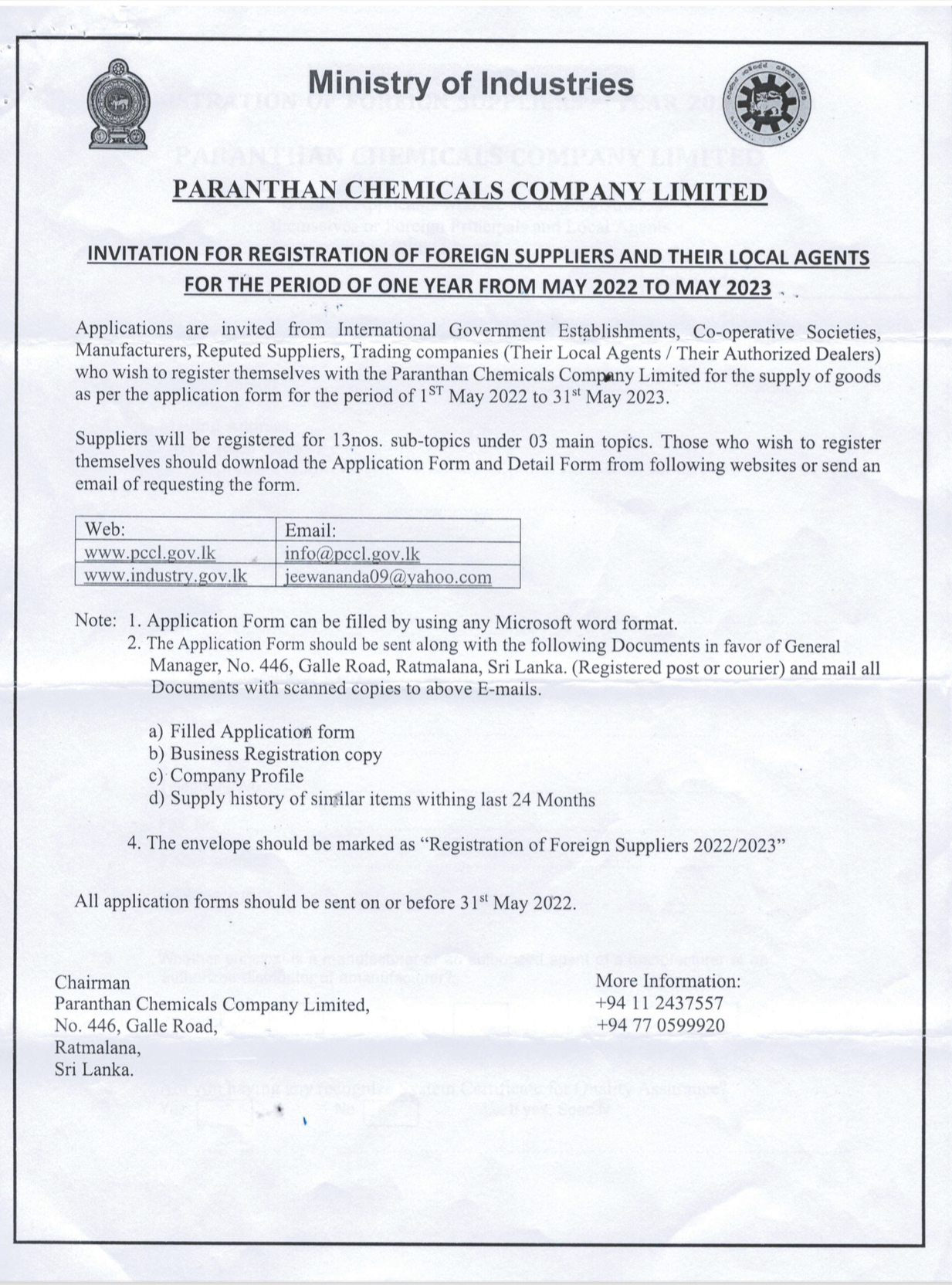 Paranthan Chemicals Company Limited Procurement [Closing Date 31.05. ...
